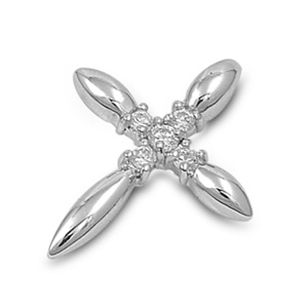 Sterling Silver Rounded Shiny Elongated Cross Pendant Clear Simulated ...