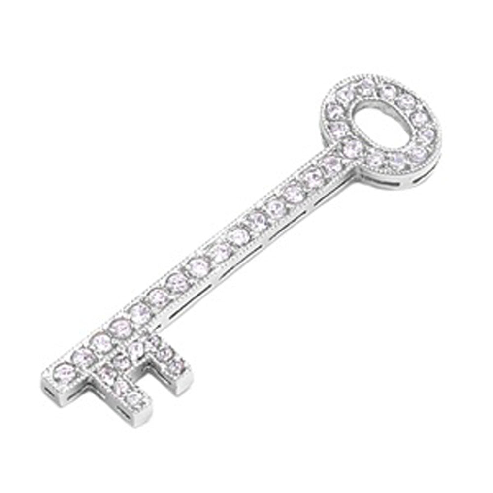 Sterling Silver Elongated Skeleton Key Cute Clear CZ Pendant Charm ...